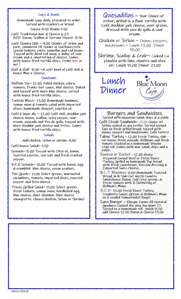 Restaurant Menus and Specials - Blue Moon Cafe