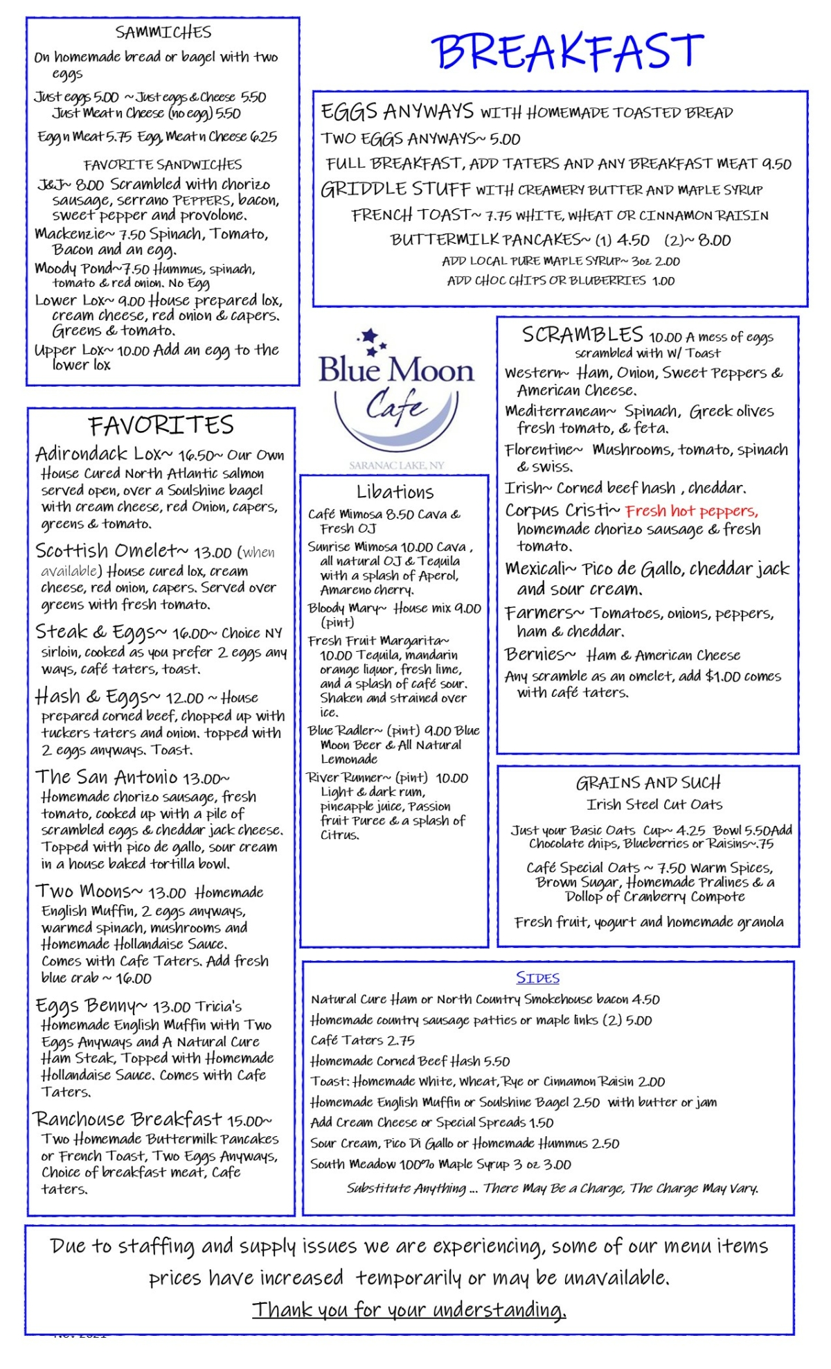 Restaurant Menus and Specials - Blue Moon Cafe