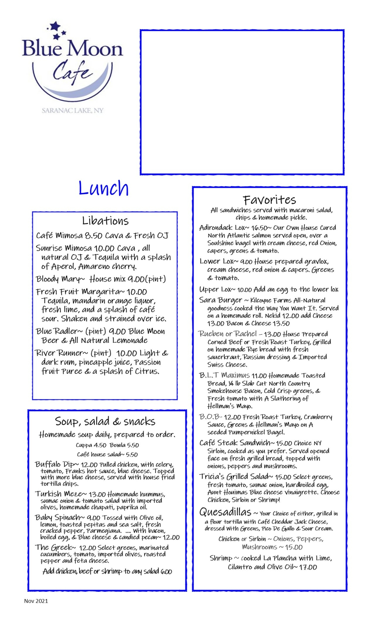 Restaurant Menus and Specials - Blue Moon Cafe