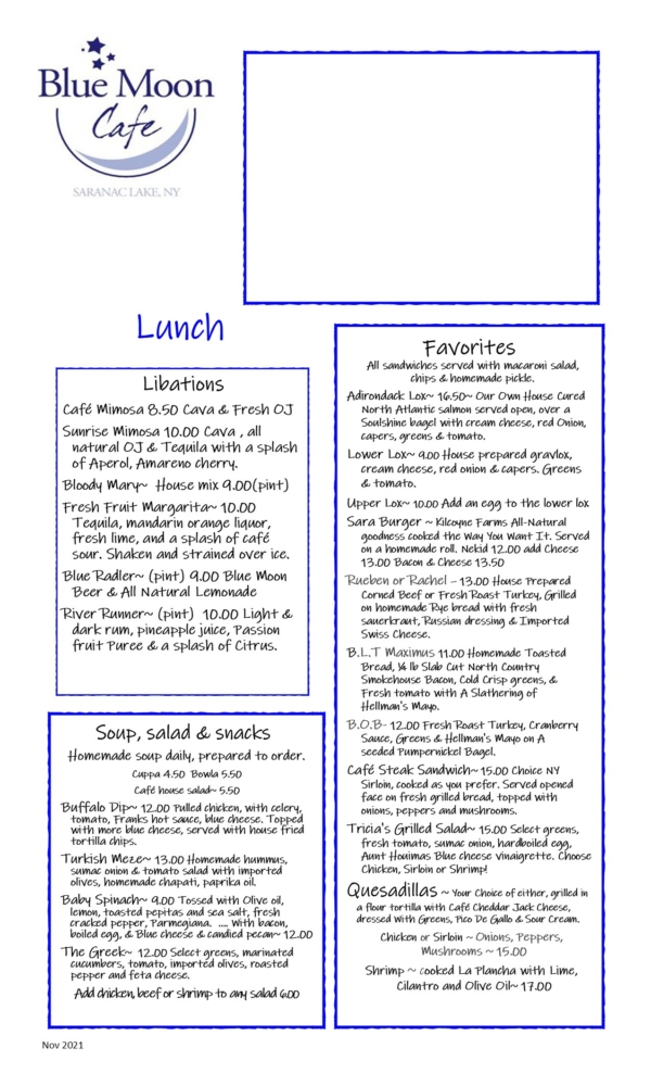 Restaurant Menus and Specials - Blue Moon Cafe