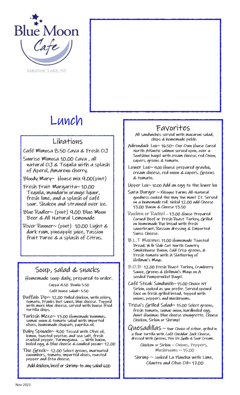 Restaurant Menus and Specials - Blue Moon Cafe