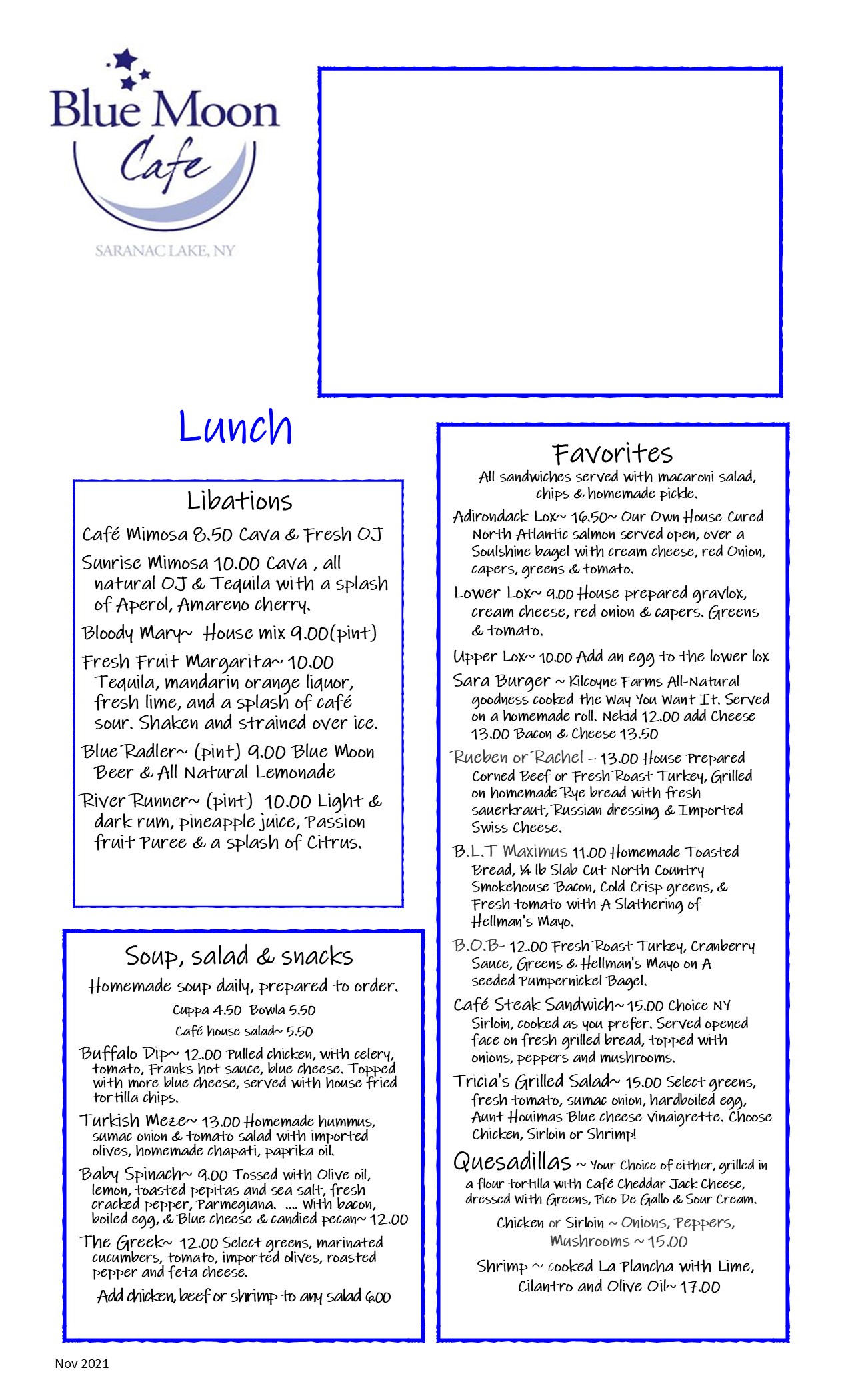 Restaurant Menus and Specials - Blue Moon Cafe