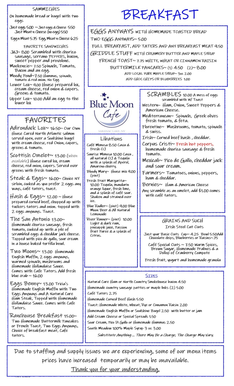 Restaurant Menus and Specials - Blue Moon Cafe