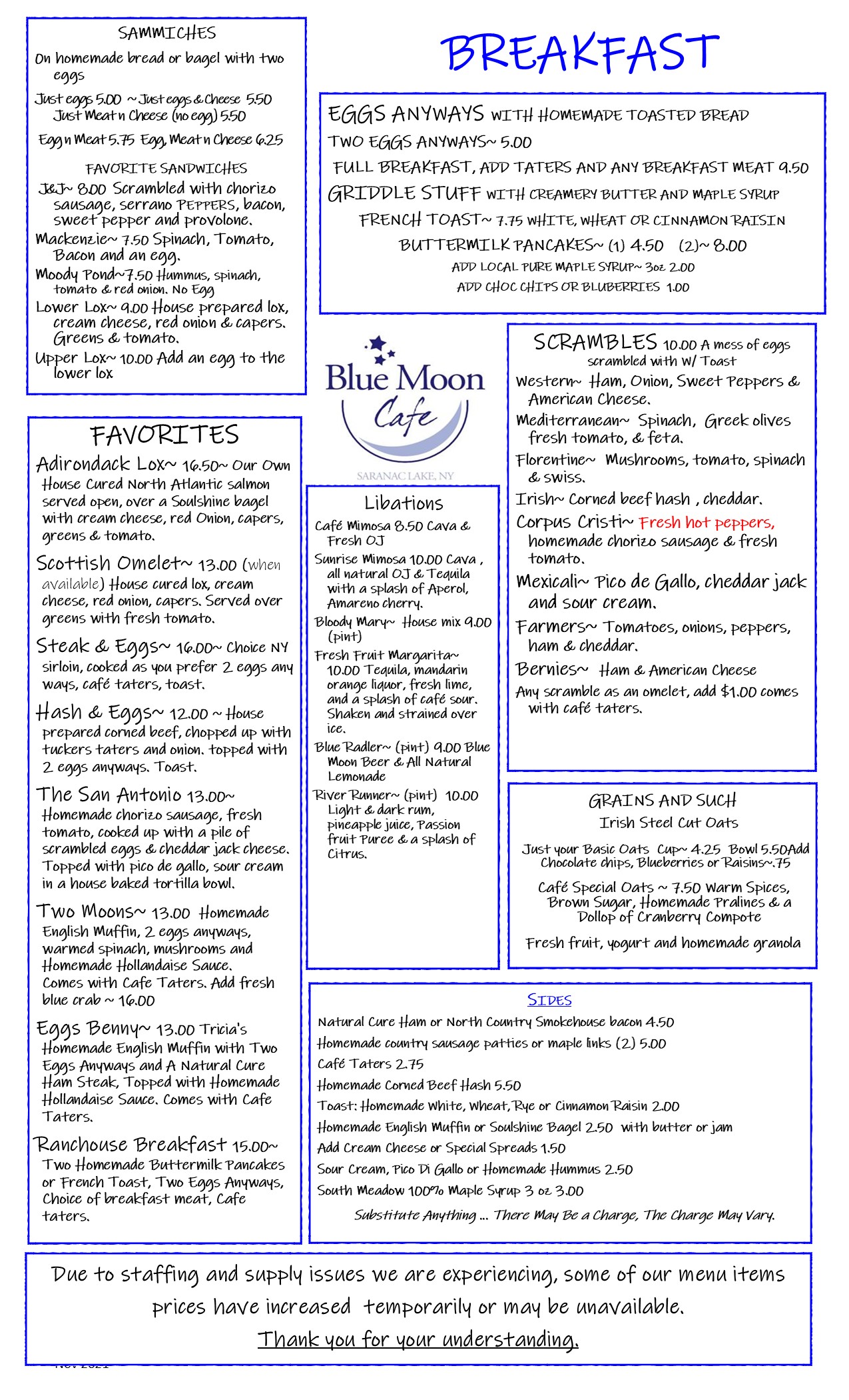 Restaurant Menus and Specials - Blue Moon Cafe