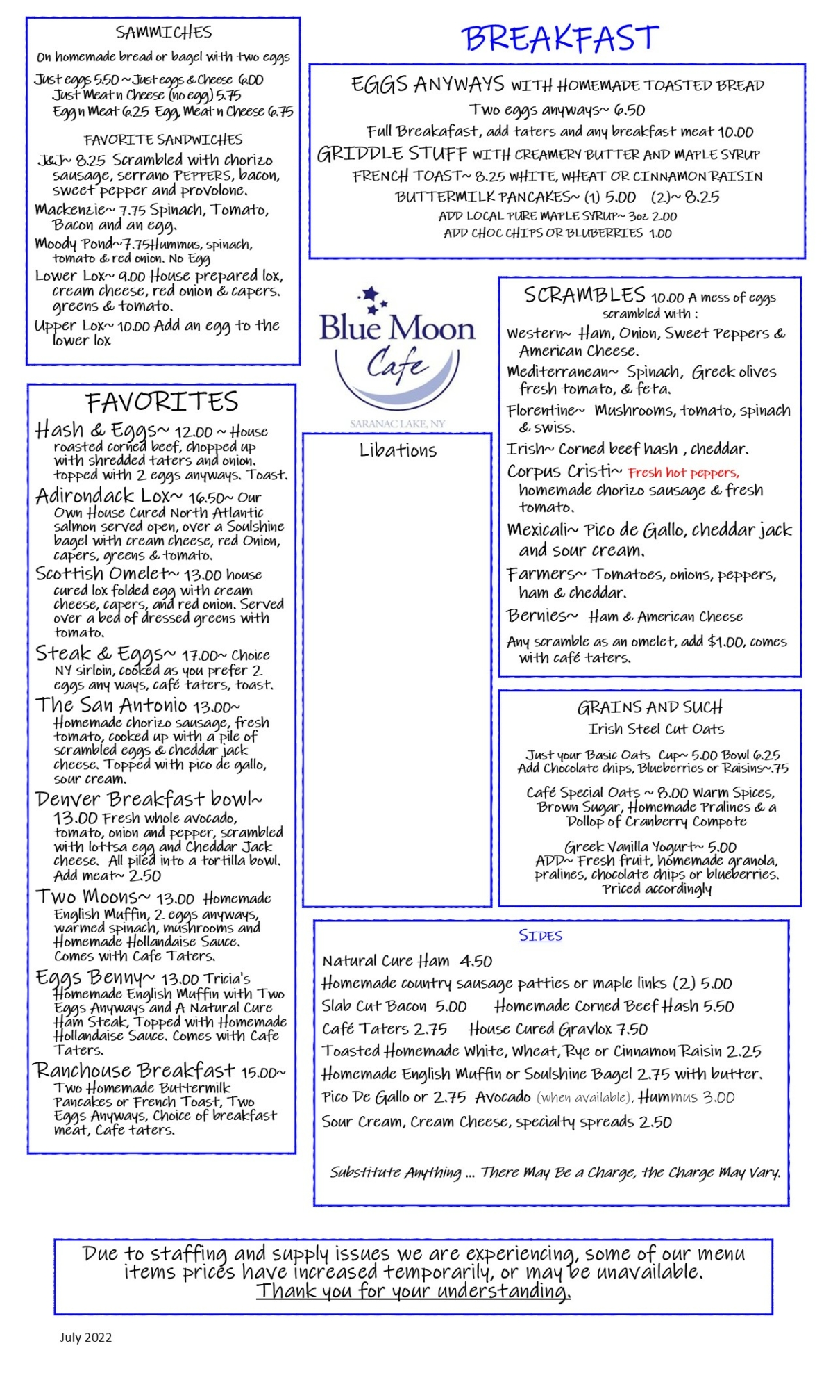 Restaurant Menus and Specials - Blue Moon Cafe