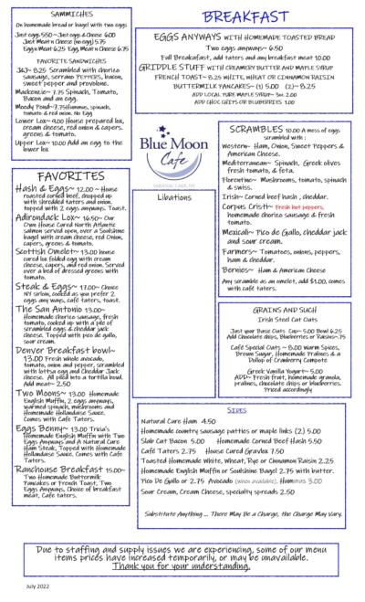 Restaurant Menus and Specials - Blue Moon Cafe