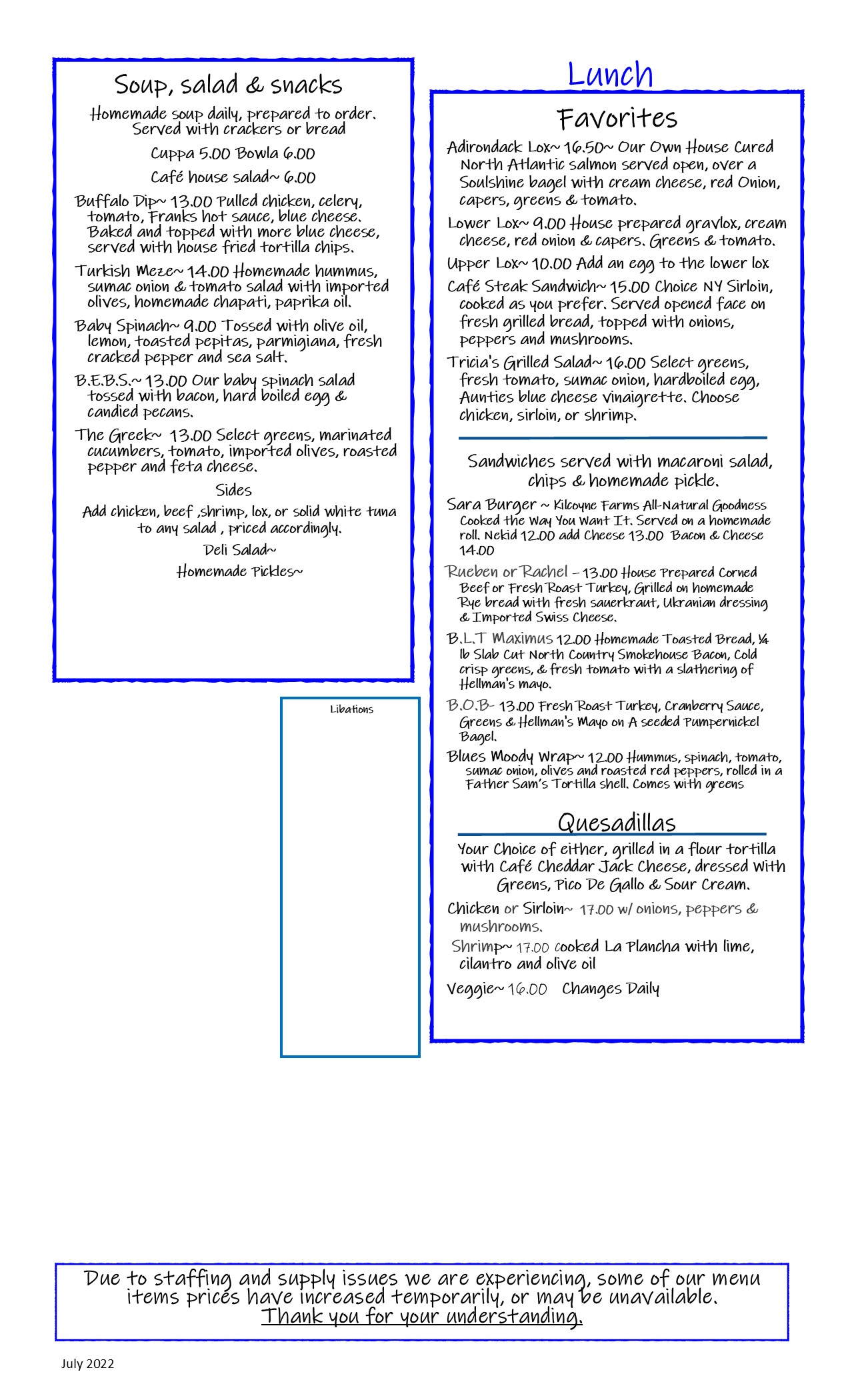 Restaurant Menus and Specials - Blue Moon Cafe