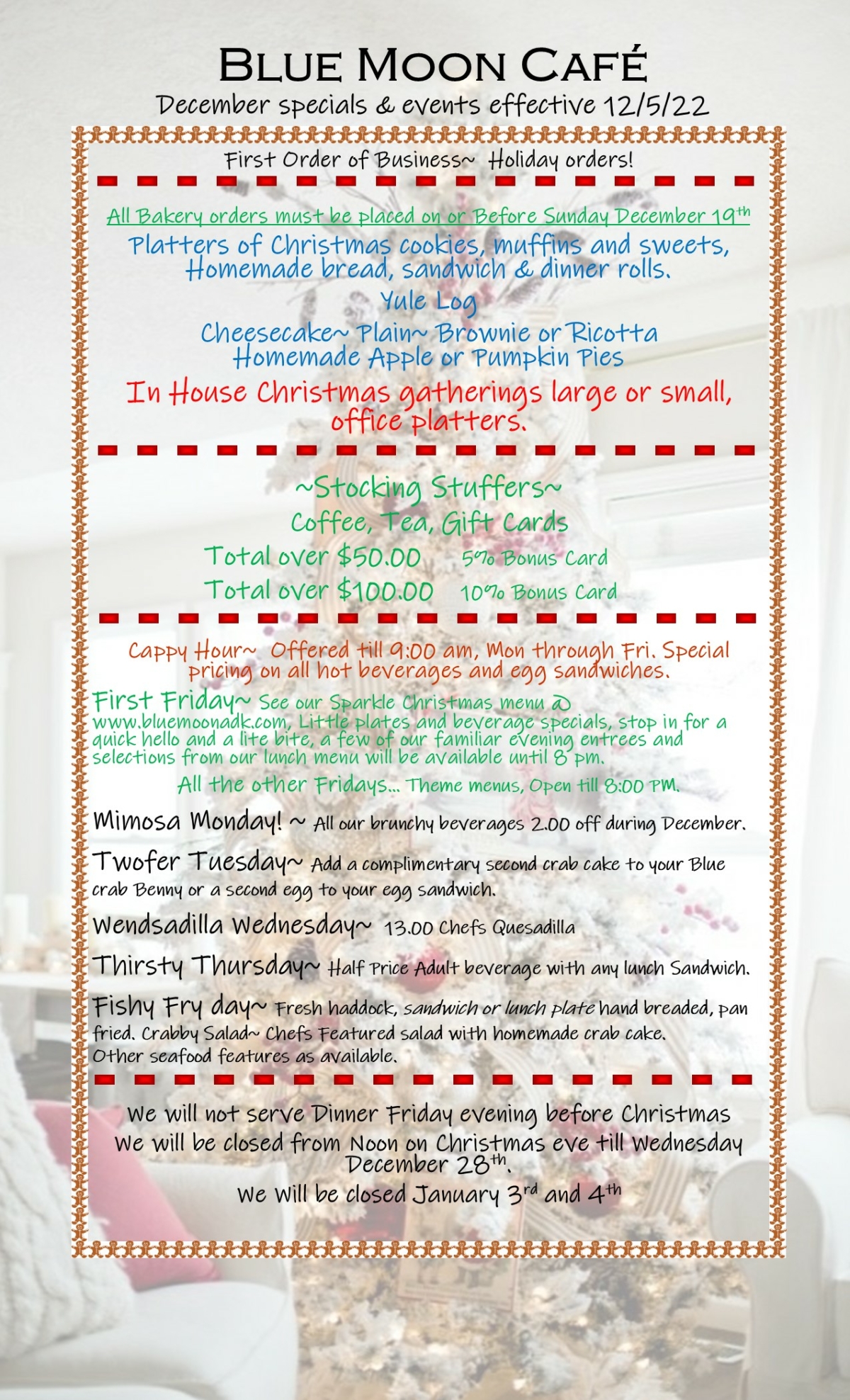 December specials – Blue Moon Cafe
