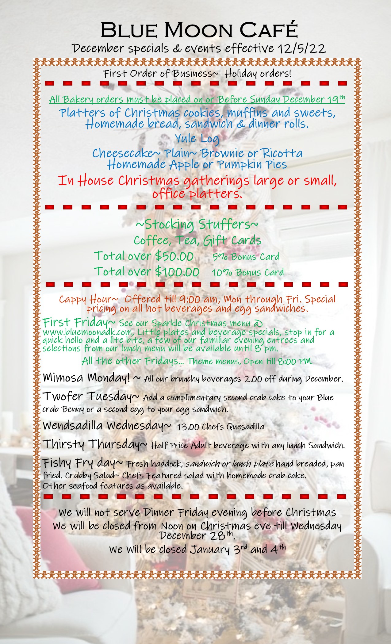 December specials – Blue Moon Cafe