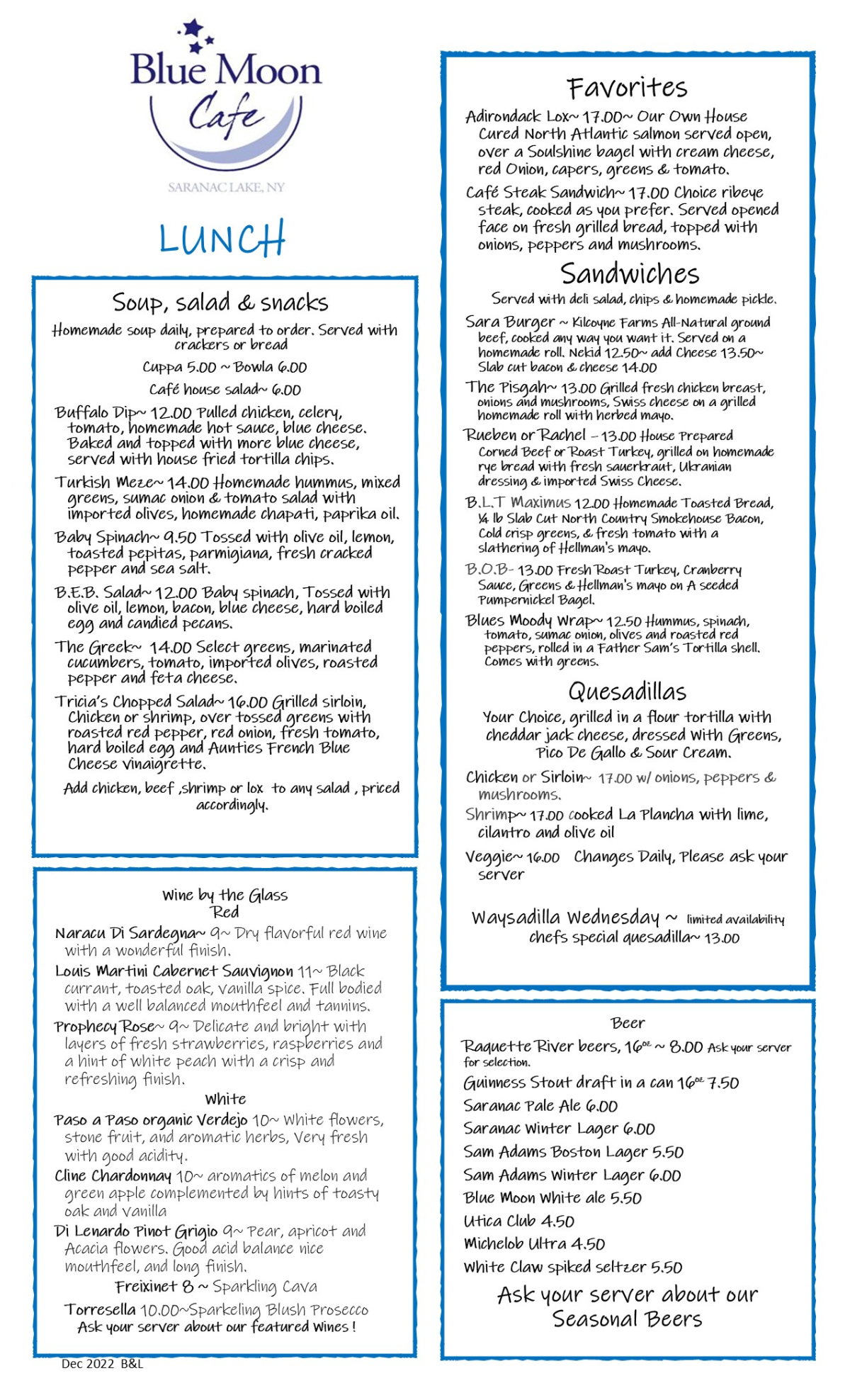 Restaurant Menus and Specials – Blue Moon Cafe