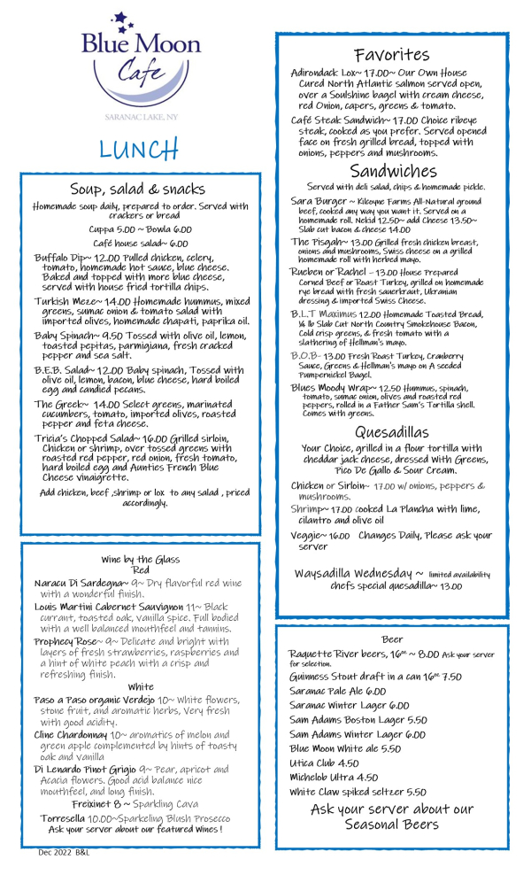 Restaurant Menus and Specials – Blue Moon Cafe