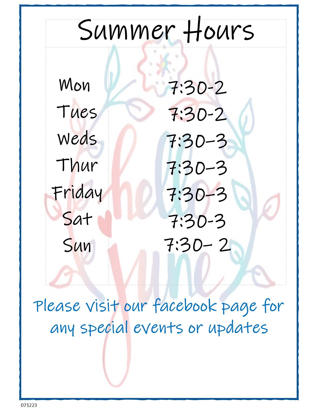 Weekly Hours – Blue Moon Cafe